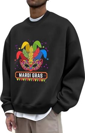 Generic Mardi Gras Sweat-shirt pour homme - Pull tendance &agrave; col rond amusant et d&eacute;contract&eacute; avec imprim&eacute; graphique pour f&ecirc;tes de fin dann&eacute;e, Noir, XXL
