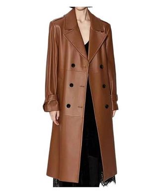 Generic Veste en cuir de mouton marron r&eacute;tro pour femme - Double boutonnage &agrave; revers avec ceinture - Trench long ample, marron, S