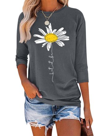 TOMWELL T-Shirt Damen 3/4 Arm Shirt Rundhals Grafik Druck Tshirt Sommer Leichte Pullover Oberteile A Dunkelgrau XXL