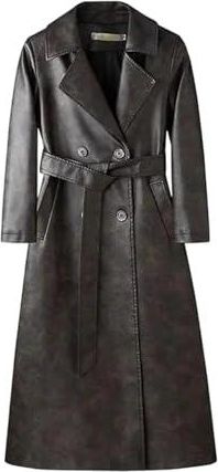 Generic Trench-coat en simili cuir pour femme - Veste longue dhiver double boutonnage &agrave; revers crant&eacute;, Noir, M