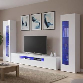 Dmora Ausgestattete Wand Enzo, TV-St&auml;nder-Wohnzimmerset, Mehrzweck-Wohnzimmerm&ouml;bel mit LED-Licht, 100 % Made in Italy, 290 x 40 x 162 cm, gl&auml;nzendes Wei&szlig;