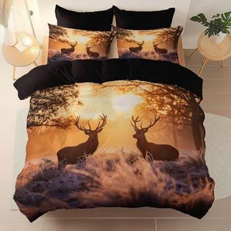 Generic Housses de Couette 4 Saisons 200 x 200 cm, Doux Respirante Microfibre For&ecirc;t Cerf Coucher De Soleil Imprim&eacute; Ensemble de Literie, Orange Marron R&eacute;versib