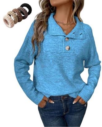 Generic Pull en tricot torsad&eacute; boutonn&eacute; &agrave; col montant pour femme, manches longues, confortable, l&eacute;ger, ample, d&eacute;contract&eacute;, travail, automne, bleu, XL