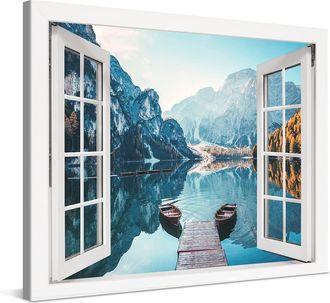 Picanova Bild auf Leinwand Dolomites Bergsee Pragser Wildsee Fenster 80x60cm Leinwandbild - Premium Leinwanddruck - Wandbild Kunstdruck Auf 2cm Holz-Keilrahmen