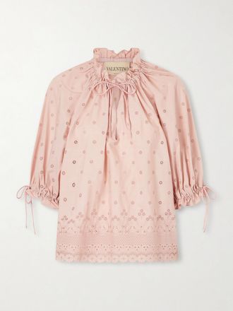 Valentino Garavani Blouse En Coton &Agrave; Broderie Anglaise, Fronces Et Liens - Rose
