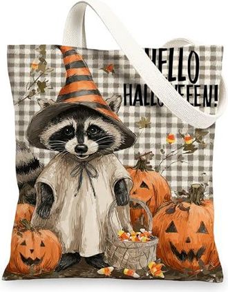 Generic Sacs fourre-tout réutilisables en toile de raton laveur, motif animal mignon, sacs dépicerie vintage, style automnal, légers, lavables, Orange, 13x15 