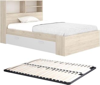 Vente-Unique Vente-unique - Lit 120 x 190 cm avec rangements - Coloris : Naturel et blanc + Sommier - vardiel