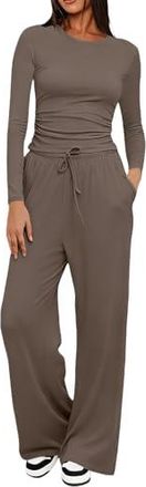Generic Ensemble dint&eacute;rieur 2 pi&egrave;ces pour femme - Ensemble de d&eacute;tente avec cordon de serrage - Manches longues - Pantalon large avec poches - En coton doux - 