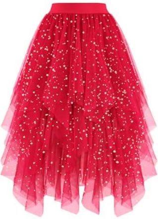 Onsoyours Jupe en Tulle pour Femme - Jupe &agrave; Paillettes - Tutu Bouffante - Midi &Eacute;l&eacute;gante - Costume de Carnaval A Rouge M
