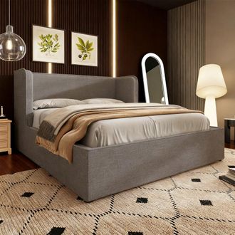 Generic Polsterbett mit abnehmbarem Bezug und Hydraulikfunktion, 160x200 cm Doppelbett mit Breiten Seitenlehnen, Stauraum und Lattenrost in Leinen Grau, ohne 