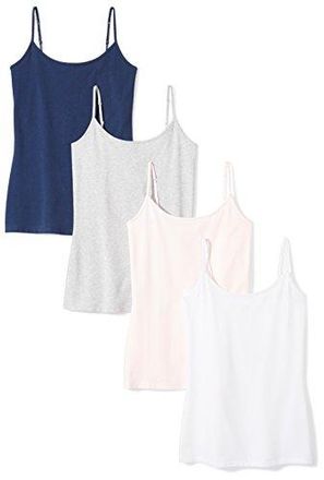 Amazon Essentials Lot de 4 camisoles, coupe ajustée pour femme, bleu foncé/gris clair chiné/rose pâle/blanc, taille M