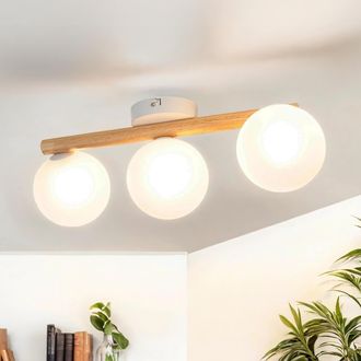 Licht-Erlebnisse Deckenleuchte Glas Holz Metall 47 cm lang G9 in Hell Weiß 3-flammig Modern Kugelschirm Deckenlampe Wohnzimmer Küche Beleuchtung Flur