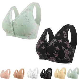 Generic Rivastyle Soutien-gorge à fermeture avant pour personnes âgées sans armatures Coupe florale Col en V Dentelle Coton Sans Fil Confortable Grande Taille