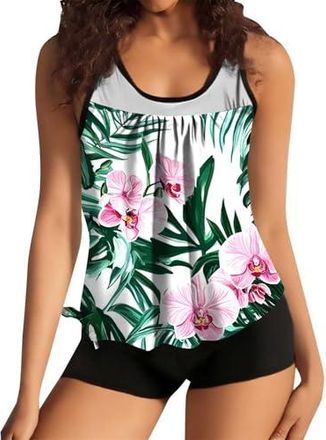 Generic Ensemble tankini imprim&eacute; conservateur pour femme - Maillot de bain fendu &agrave; motif floral avec coussinets de soutien-gorge int&eacute;gr&eacute;s et short boyshort, m