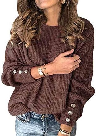 ORANDESIGNE Pull Femme Top Tricot Col en V Col Rond Chandail Manche Longue Manche de Lanterne Boutons D&eacute;coration Chandail Sweatshirt Automne Hiver A Caf&eacute; XL
