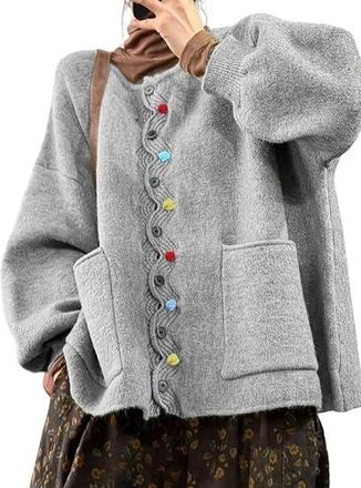 Generic Cardigan d&eacute;contract&eacute; en tricot &agrave; manches bouffantes avec poches pour femme, gris, XXL