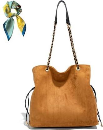 Generic Women Faux Suede Slouchy Tote with Chain Strap,Retro Large Brown Shoulder Bags,Drawstring Fall Purse Crossbody Bag (Brown)