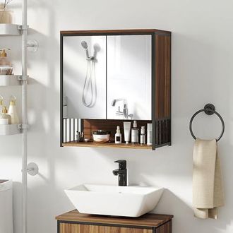 HOMCOM Armoire Murale Salle de Bain avec Miroir 56x65 cm avec Compartiment Ouvert, Meuble Salle de Bain, Armoire de Toilette Porte &agrave; Fermeture en Douceur, Ma