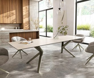 DELIFE Esstisch Edge 300x100 Keramik Laminam Travertino Bianco Creme-Wei&szlig; Zenthara kantig Metall Effektfinish Titan, Esstische
