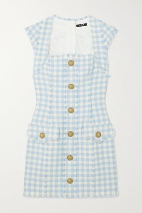 Balmain Minikleid Aus Tweed Aus Einer Baumwollmischung Mit Gingham-karo Und Fransen - Blau