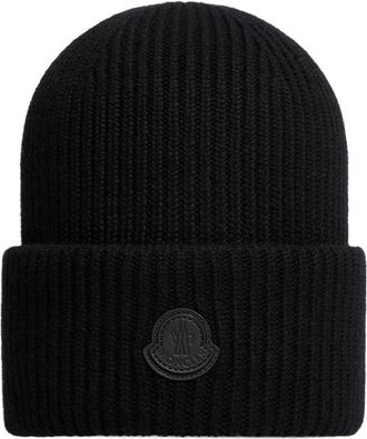Moncler Moncler Bonnet En Cachemire Avec Logo En Cuir, Homme, Noir, Taille: Uni