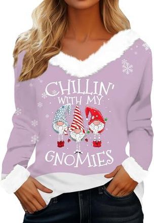 Generic Chemises pour femmes - Chemises de Noël à manches longues pour femme - Automne et hiver - Col en peluche - Imprimé de Noël - Ample - Décontracté - T-s