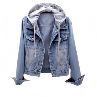 Generic Veste &agrave; capuche boutonn&eacute;e en denim pour femme, d&eacute;contract&eacute;, amovible, veste en jean pour lautomne, bleu clair, 4XL