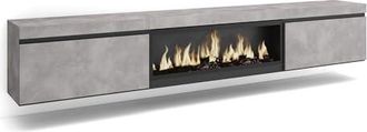 Skraut Home | TV-Schrank, Lowboard | für Wohnzimmer und Esszimmer | 267x45x35 cm | Für großformatiges TV | Elektrokamin XXL | Hängend | Moderner Stil | Zement