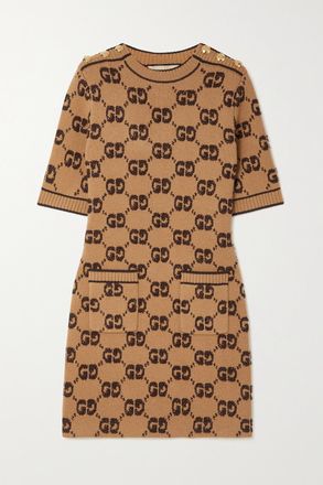 Gucci Kleid Aus Wolle In Jacquard-strick Mit Verzierungen - Braun