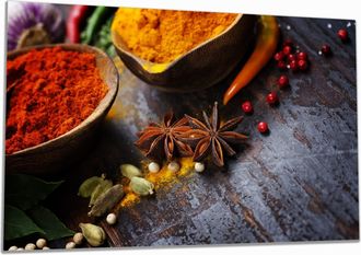 Wallario Herdabdeckplatte/Spritzschutz aus Glas, 1-teilig, 80x52cm, für Ceran- und Induktionsherde, Exotische Gewürze auf einem Holztisch