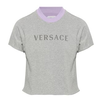 Versace Femme, Tops, Gris, Taille: 38 FR T-shirt en jersey de coton stretch imprim&eacute;