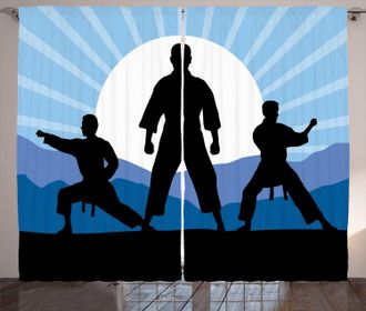 Abakuhaus Kung Fu Rustikaler Gardine, Karate Männer Silhouetten Sun, Schlafzimmer Kräuselband Vorhang mit Schlaufen und Haken, 280 x 175 cm, Sky Blue Grau
