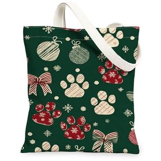 Generic Sacs fourre-tout en toile avec imprim&eacute; de pattes de No&euml;l, sacs d&eacute;picerie r&eacute;utilisables, vintage, l&eacute;gers, lavables, vert, 13x15 Inch