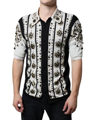 Dolce & Gabbana Mens White Black Silk Studded Stone Crystal Shirt And