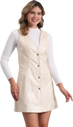 Allegra K Damen Kunstlederkleid Tr&auml;gerkleid mit Knopfleiste V-Ausschnitt &Auml;rmellos Minikleid Overall Wei&szlig; XL