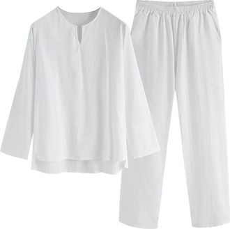 Generic Zweiteiler Leinen Freizeitanzug Herren Leinenanzug Sommer 2-Teiliges Shirt Langarm und Strandhose aus Baumwolle und Leinen Hausanzug Jogginganzug Yoga