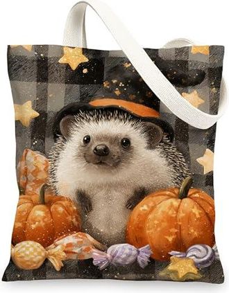 Generic Sacs fourre-tout en toile motif hérisson, mignon motif citrouille, sacs dépicerie réutilisables, fantaisie, vintage, léger, lavable, noir, 13x15 Inch