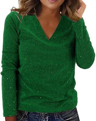 Generic Chemises à paillettes argentées pour femme - Hauts à manches longues à paillettes scintillantes grande taille - Chemisiers de soirée élégants hauts te