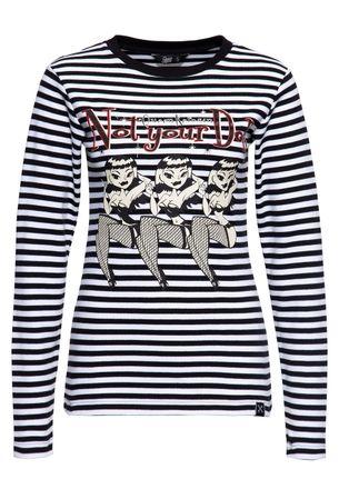 Queen Kerosin Damen Langarm Shirt Schwarz Rot Gestreift Pin-Up Frontprint Vintage Print Comic-Style 50&acute;S Not Your Doll