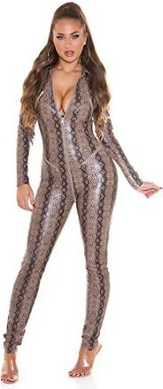 Koucla Combinaison longue fermeture éclair brillante au look mouillé, marron, S