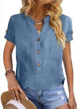 TOMWELL Chemise Lin Femme Printemps Eté Chemisier Coton Et Lin pour Femmes Col en V à Manches Courtes Blouse Couleur Unie LâChe Respirant T-Shirts A Bleu M