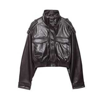 Generic Blouson aviateur vintage en simili cuir for femme, veste courte &agrave; fermeture &eacute;clair avec manches longues et poches lat&eacute;rales(Coffee,xs)