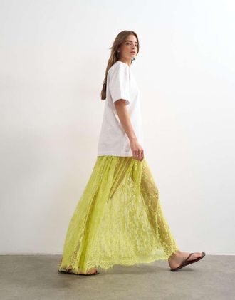 Topshop Jupe longue en dentelle transparente - Citron vert