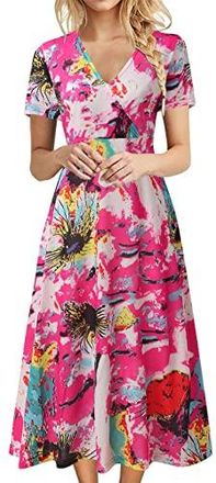 Generic Robes boh&egrave;me 2026 pour femmes, robe d&eacute;contract&eacute;e, col rond, manches courtes, imprim&eacute; floral boh&egrave;me, t-shirt ample et fluide, rose vif, XXL