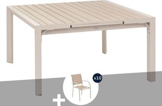 Hesperide Table de jardin carr&eacute;e extensible alu Evasion 8/10 places Beige/lin + 10 fauteuils - Hesp&eacute;ride