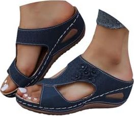 Generic Sandales orthop&eacute;diques compens&eacute;es pour femme - Sandales larges pour femme - Sandales et sandales compens&eacute;es &agrave; bout ouvert pour femme, Bleu fonc&eacute;., 35.