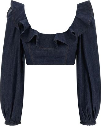 Zimmermann Femme, Blouses et Chemises, Bleu, Taille: 34 FR Aster Denim Frill Top