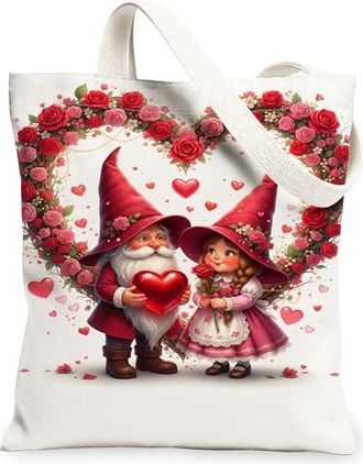 Generic Sacs fourre-tout en toile florale pour la Saint-Valentin, motif coeur romantique, sacs d&eacute;picerie r&eacute;utilisables, l&eacute;gers et lavables avec bandouli&egrave;re, b