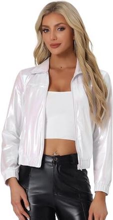 Allegra K Veste de survêtement pour femmes Holographic Brillant à manches longues Veste métallique Zip Front Blanc Holographique XL