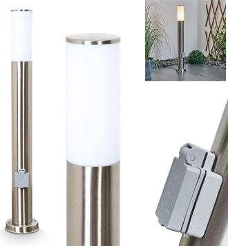 HOFSTEIN Außenwegeleuchte Caserta mit Steckdose, moderne Sockelleuchte aus Metall/Kunststoff in Nickel-matt/Weiß, Wegeleuchte 80 cm, Gartenlampe mit E27-Fassun
